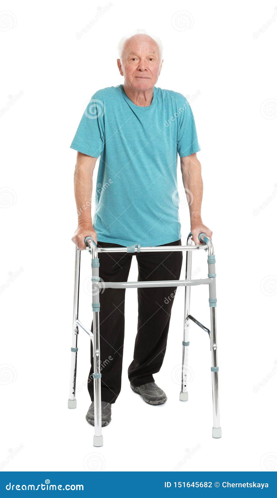 Full Length Portrait of Elderly Man Using Walking Frame Stock Photo ...