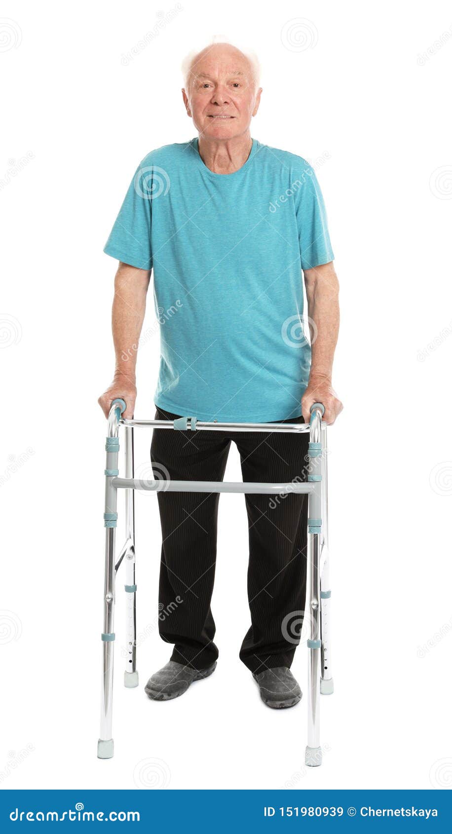Full Length Portrait of Elderly Man Using Walking Frame Stock Image ...