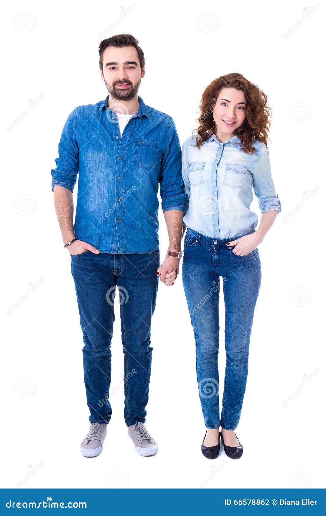Full Length Portrait Of Happy Couple Standing Isolated On White Stock