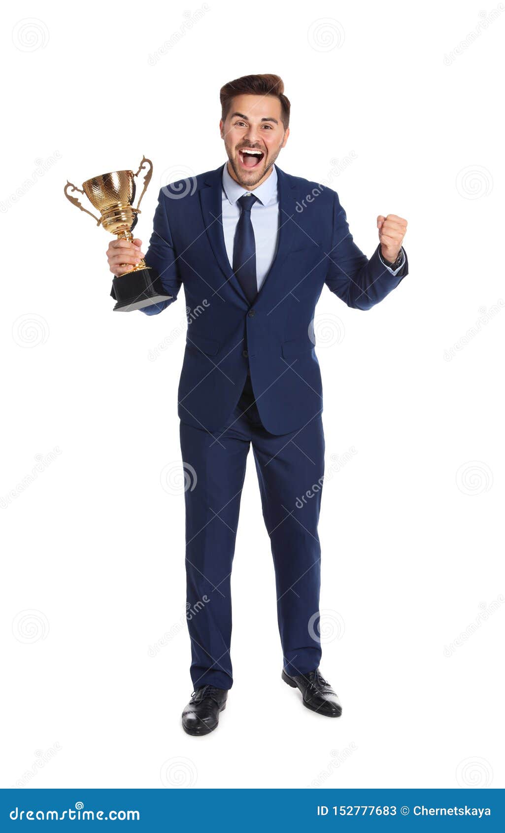 Full Length Portrait of Happy Young Businessman with Gold Trophy Cup ... Full Length Portrait of Happy Young Businessman with Gold Trophy Cup ...