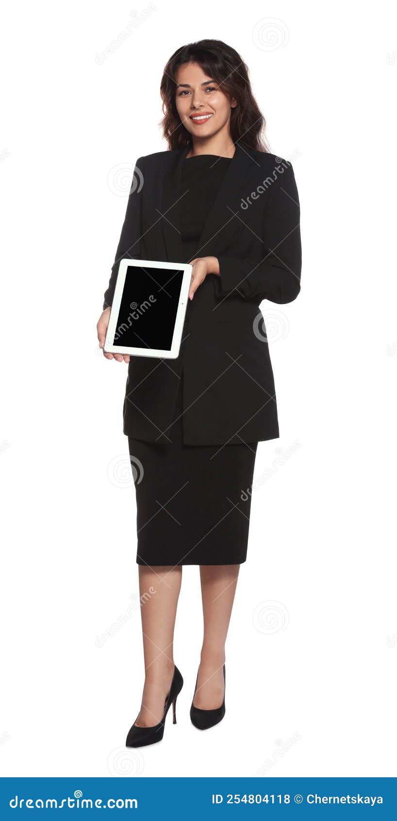 Full Length Portrait of Hostess in Uniform with Tablet on Background ...