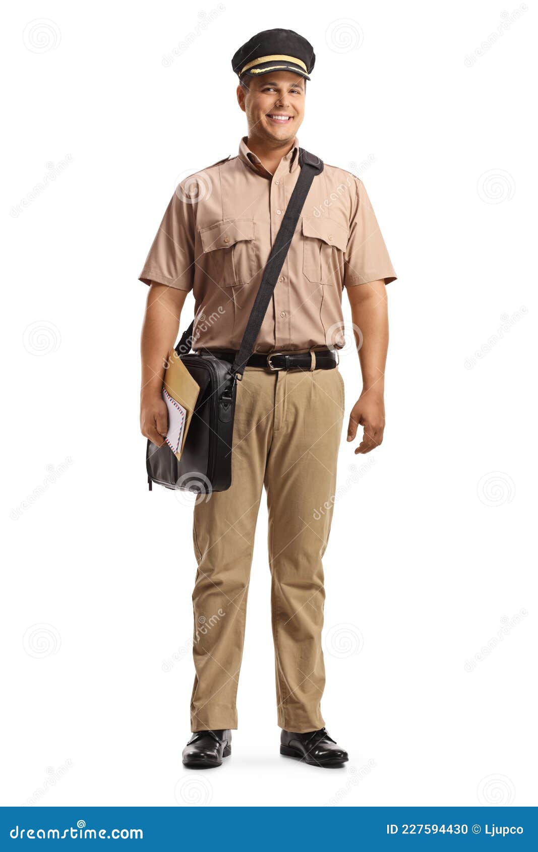 Full Length Portrait of a Mailman with a Bag Smiling at Camera Stock ...