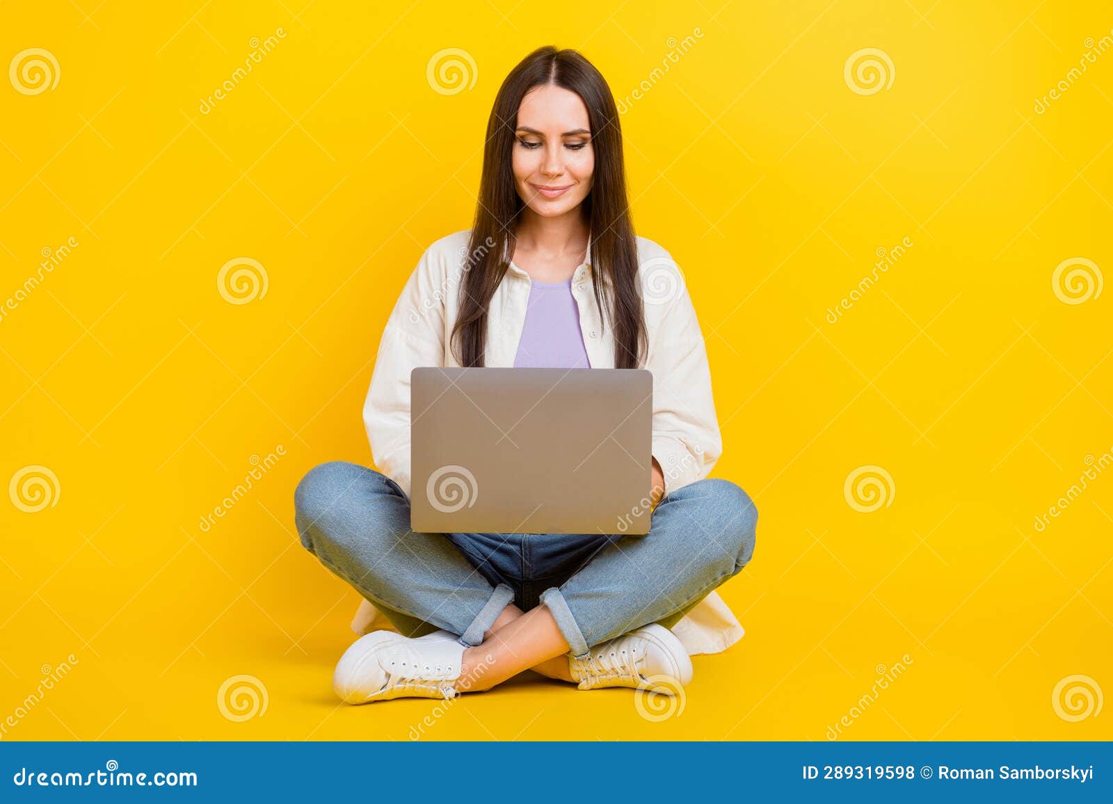Full Length Portrait Of Positive Gorgeous Person Sit Floor Crossed Legs