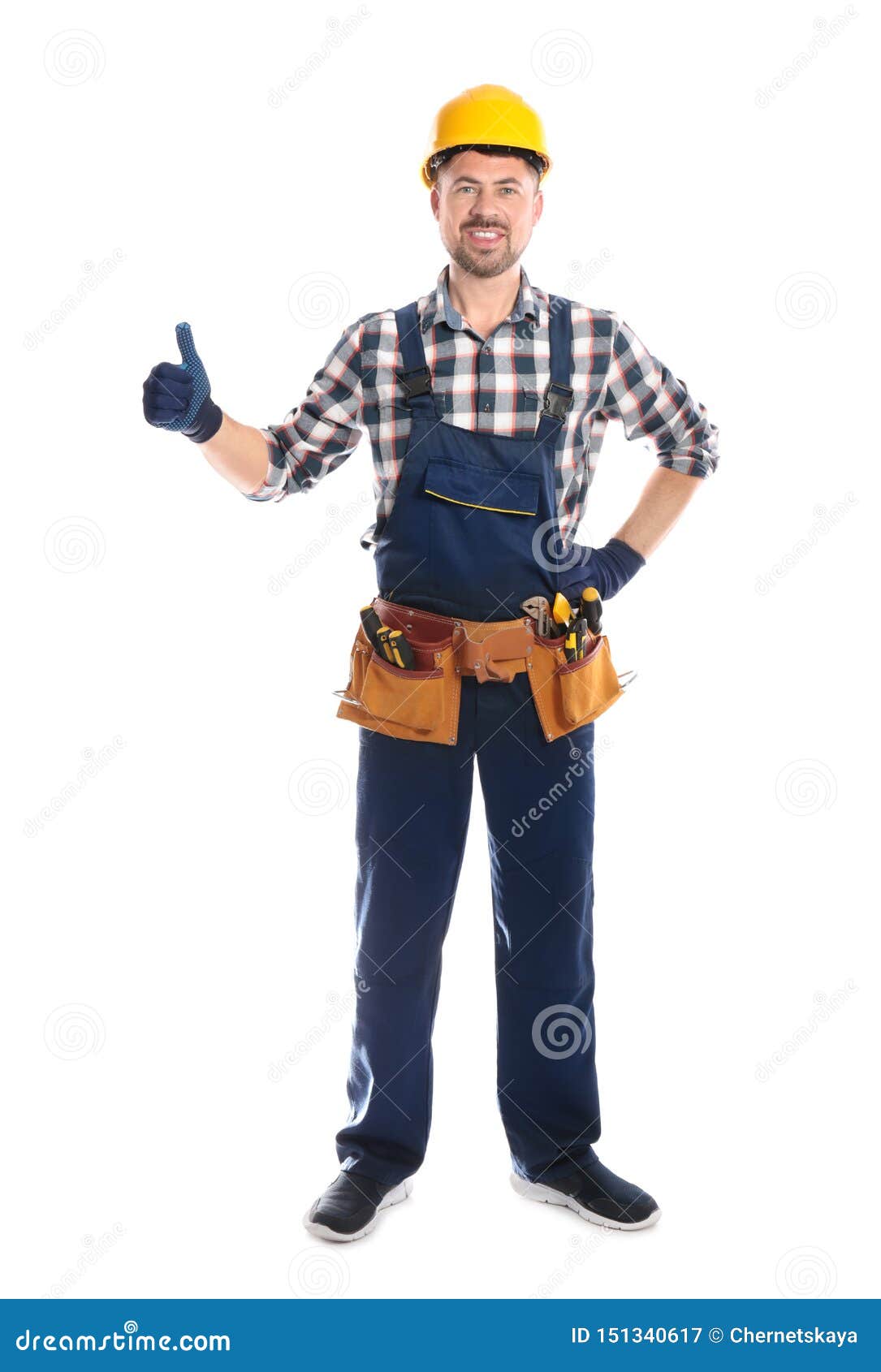 Full Length Portrait of Professional Construction Worker with Tool Belt ...
