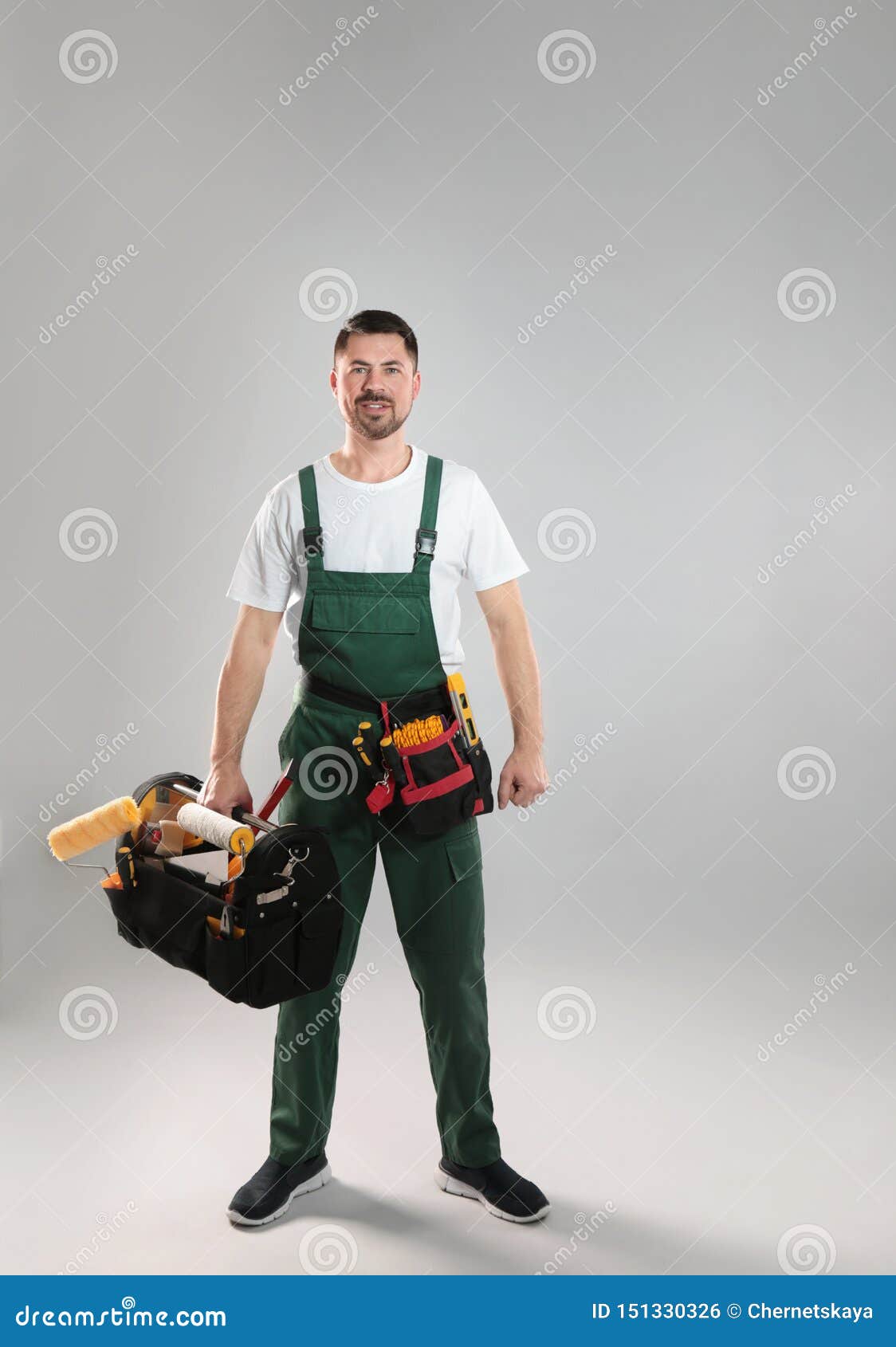 Full Length Portrait of Professional Construction Worker with Tools ...