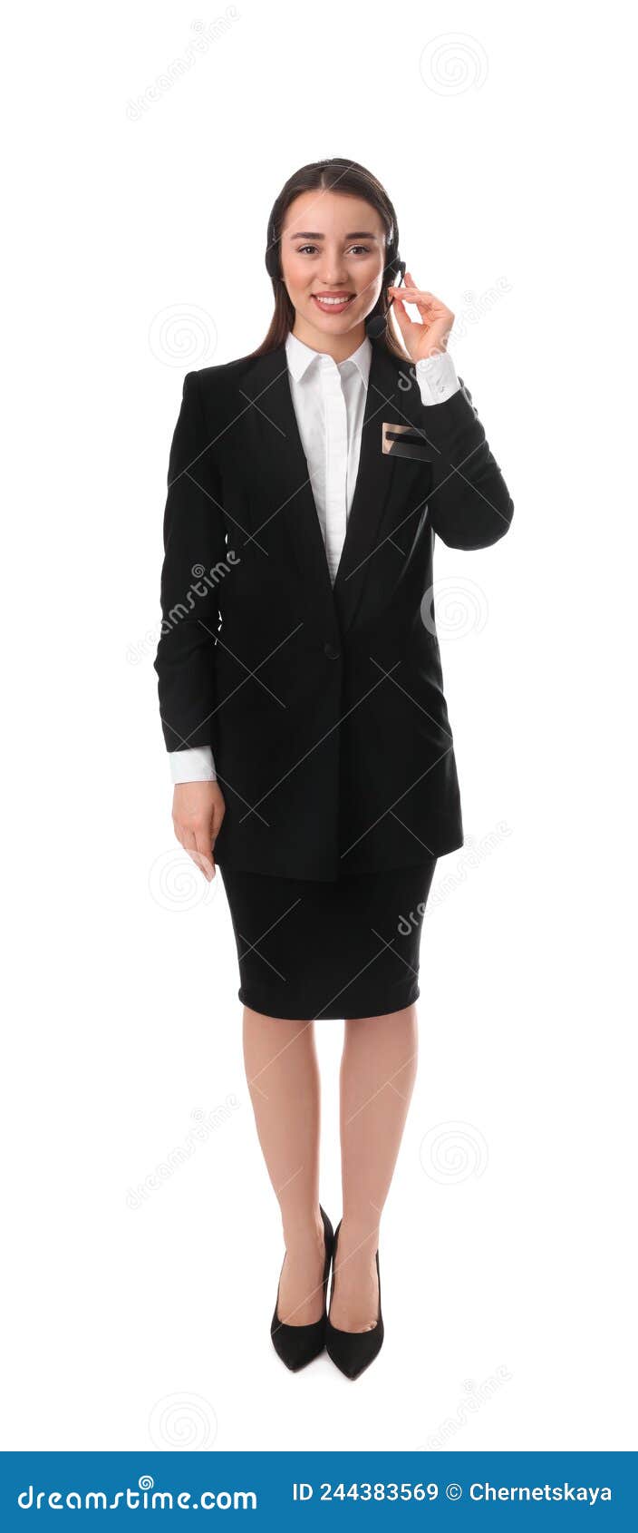 Full Length Portrait of Receptionist with Headset on White Background ...