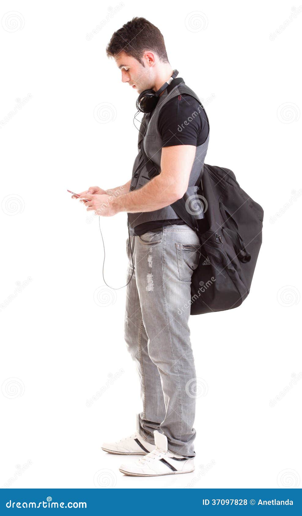 Full Length Portrait School Boy Phone Isolated Stock Photo - Image of ...