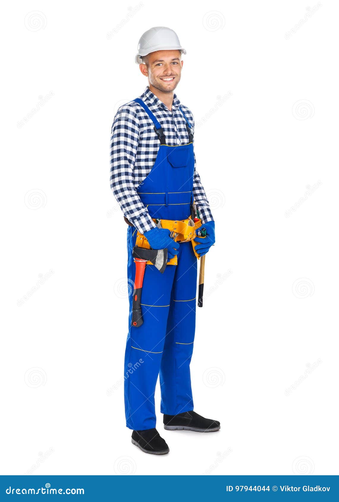 Full Length Portrait of Smiling Construction Worker in Uniform a Stock ...