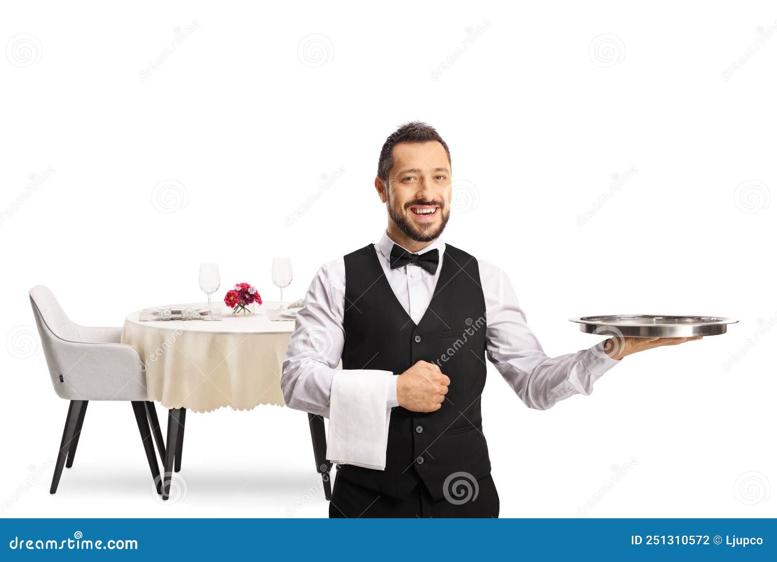 Full Length Portrait of a Smiling Server Holding a Tray and Standing in ...