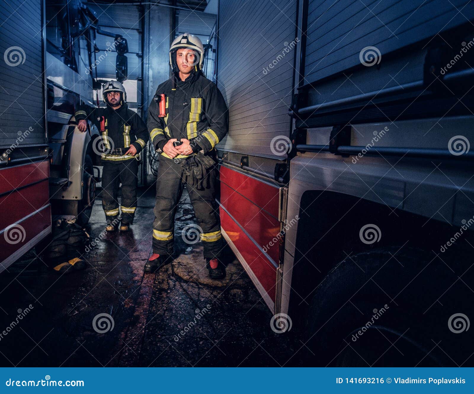Full-length Portrait of Two Brave Firemen in Protective Uniform ...