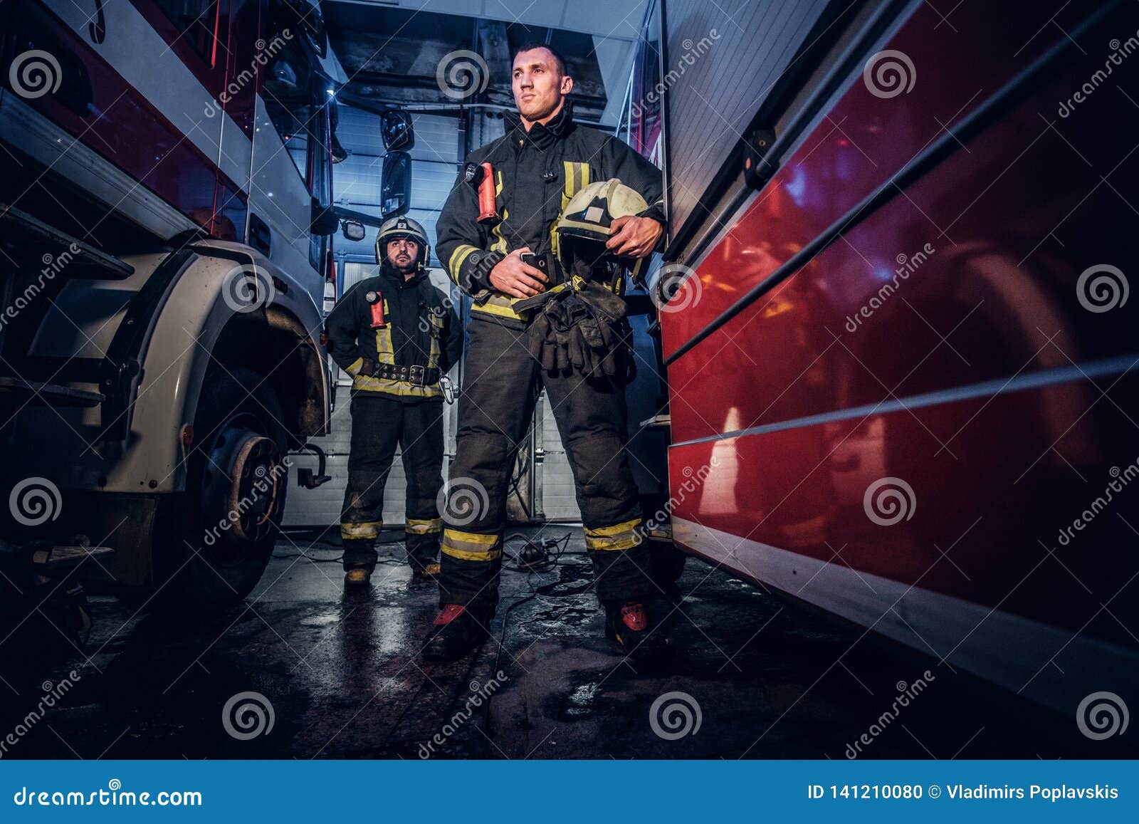 Full-length Portrait of Two Brave Firemen in Protective Uniform ...