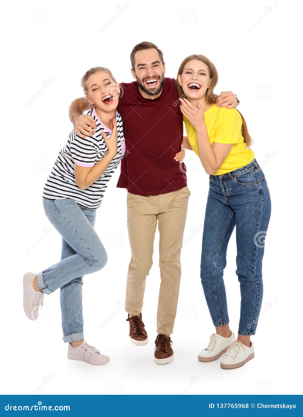 Full Length Portrait of Young People Laughing on White Stock Photo ...