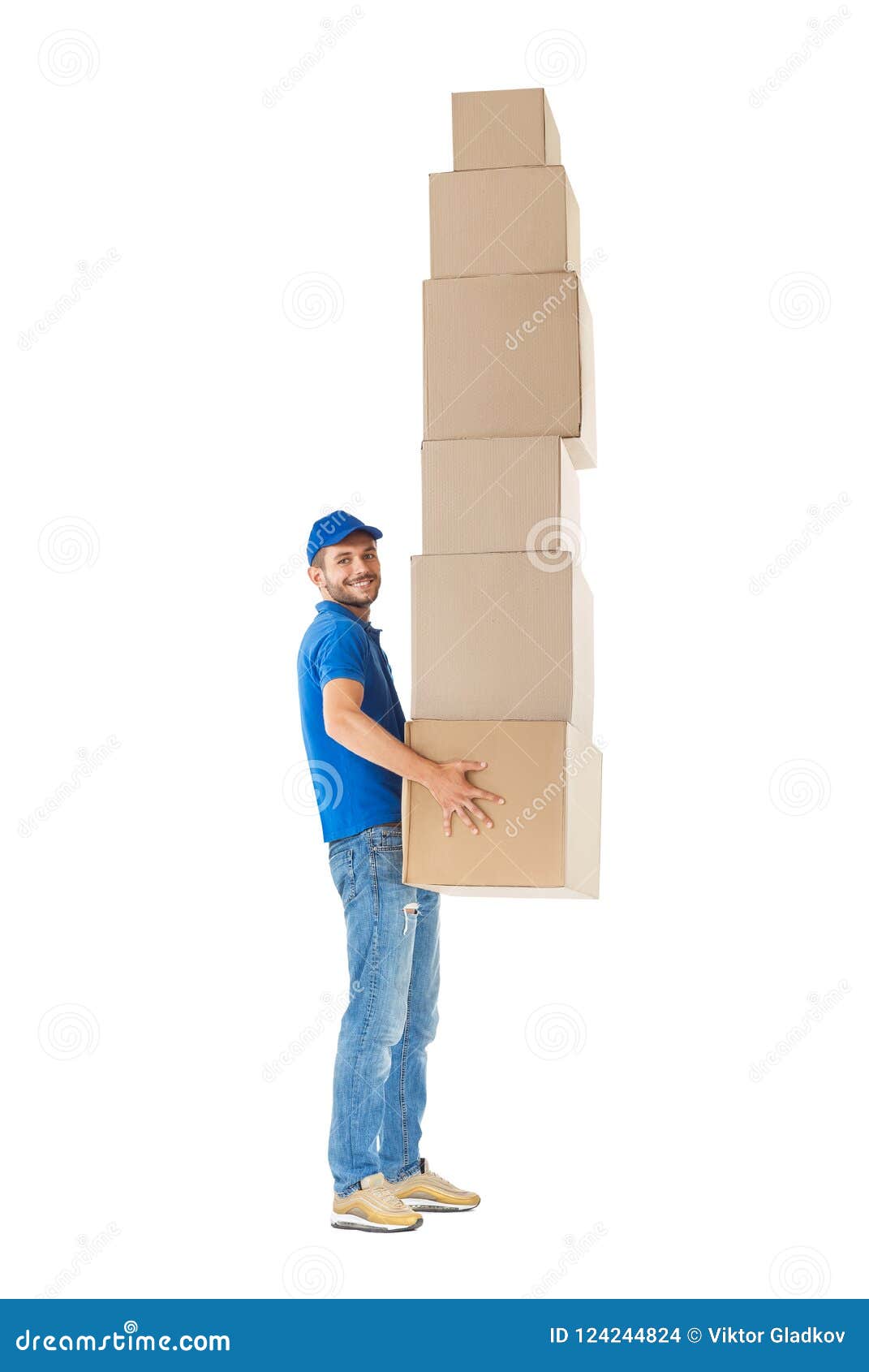 Full Length Profile Portrait Of Courier Carrying Stack Of Boxes Royalty ...