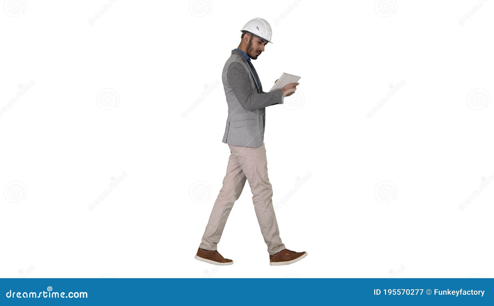 Engineer Walking and Working on Digital Tablet on White Background ...