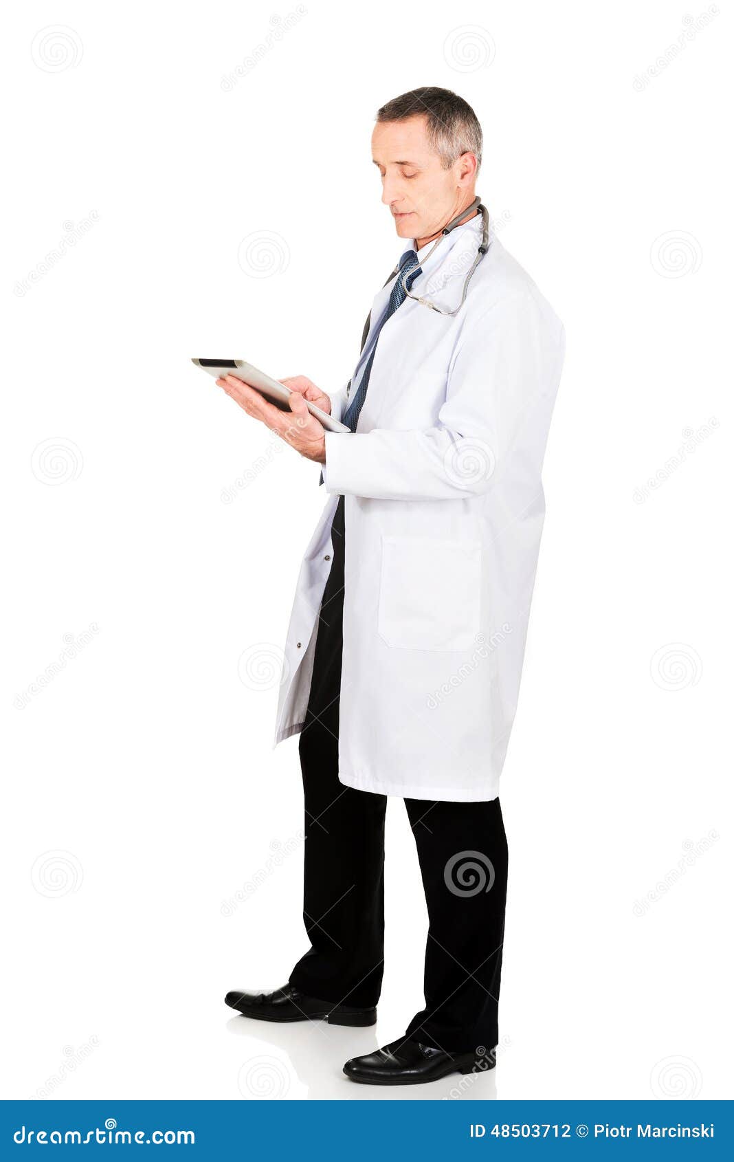 Full Length Side View Male Doctor Using a Tablet Stock Photo - Image of ...