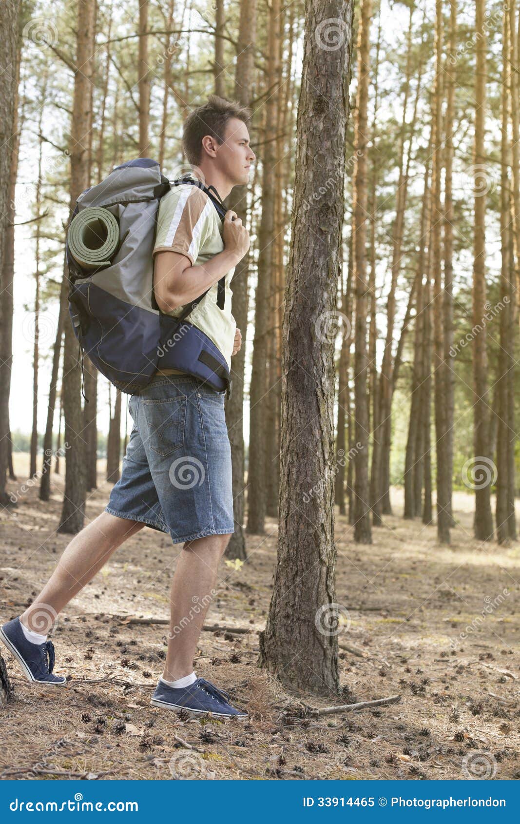 Full Length Side View of Male Hiker with Backpack Walking in Forest ...