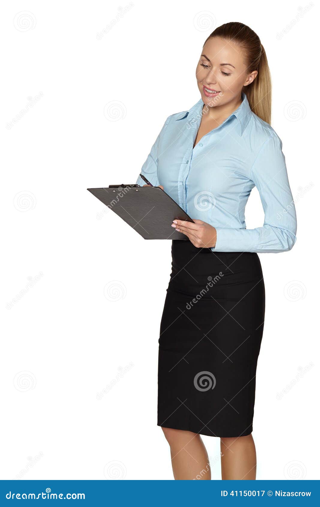Full Length of Smiling Woman Making Notes Stock Image - Image of happy ...