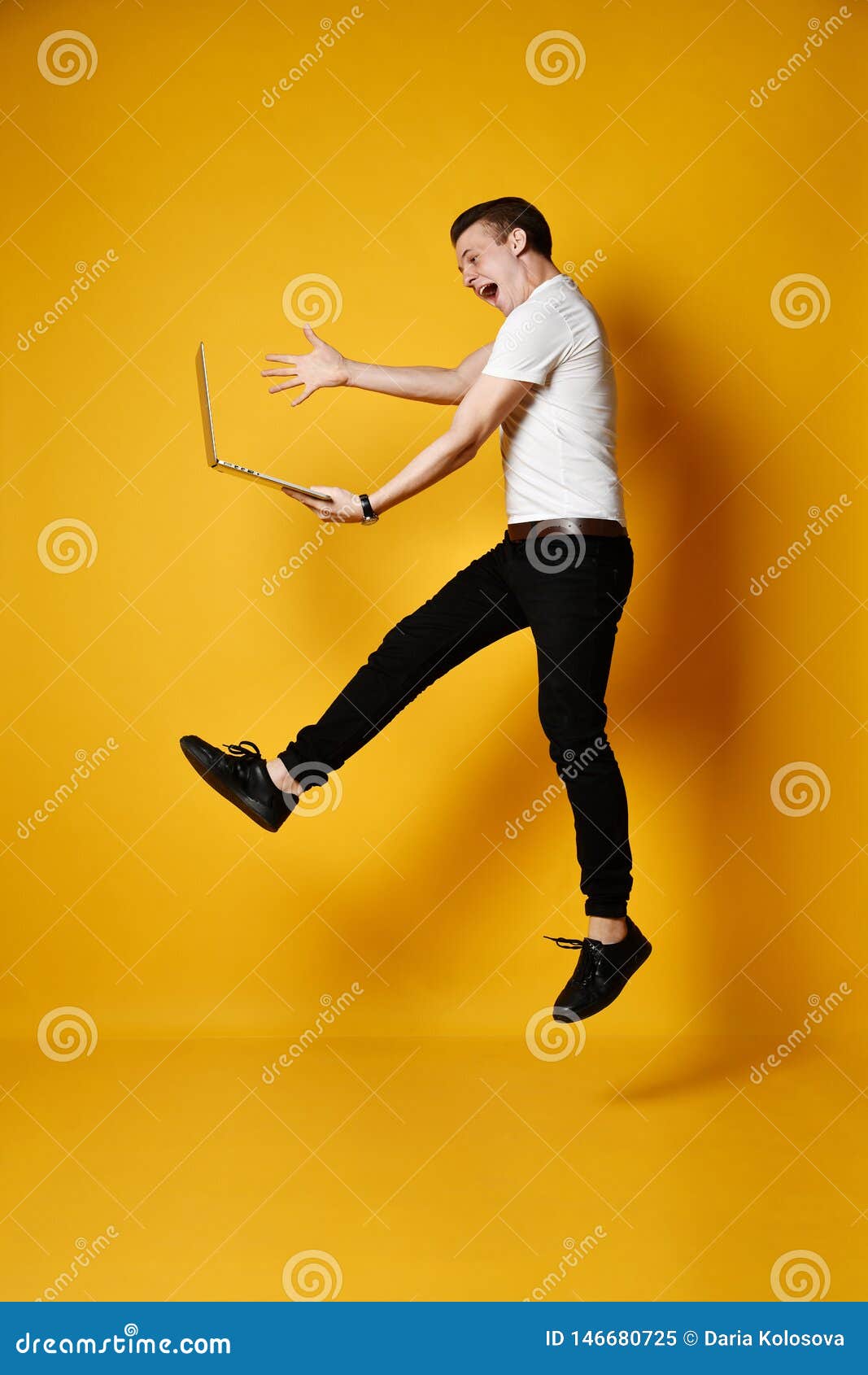 Jumping Student with Laptop Stock Image - Image of competition, people ...