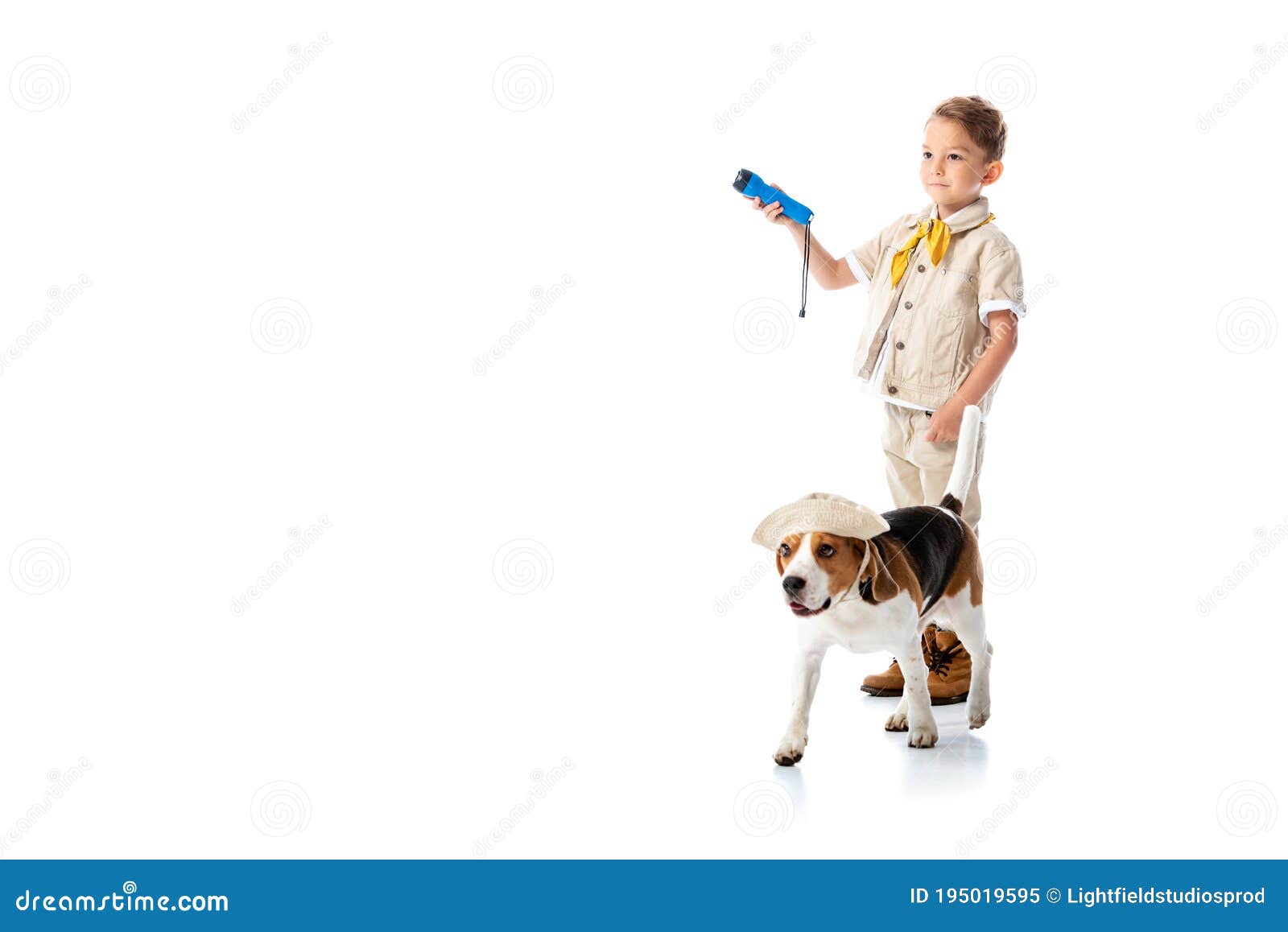 Length View of Explorer Child Holding Flashlight and Beagle Dog in Hat ...