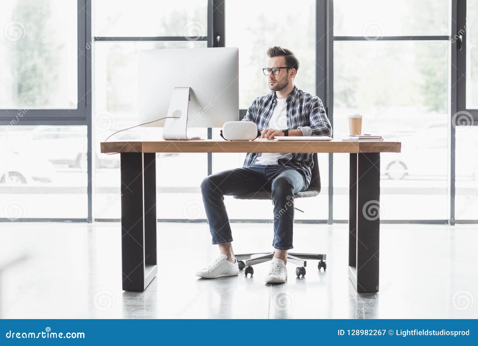 Full Length View of Handsome Young Programmer Using Desktop Computer ...