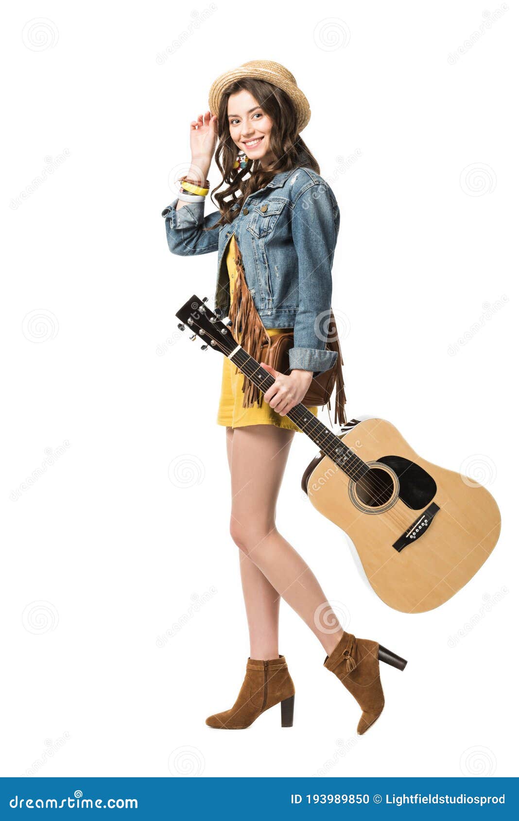 Length View of Smiling Hippie Girl Holding Acoustic Guitar Isolated on ... Length View of Smiling Hippie Girl Holding Acoustic Guitar Isolated on ...