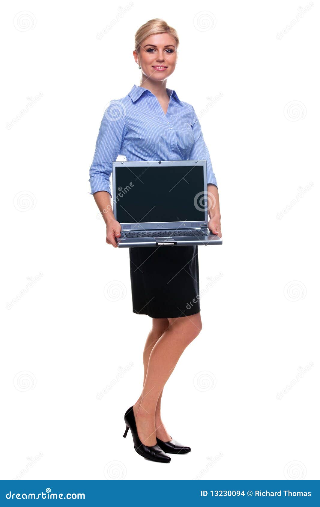 Full Length Woman Holding Laptop Computer with Bla Stock Photo - Image ...