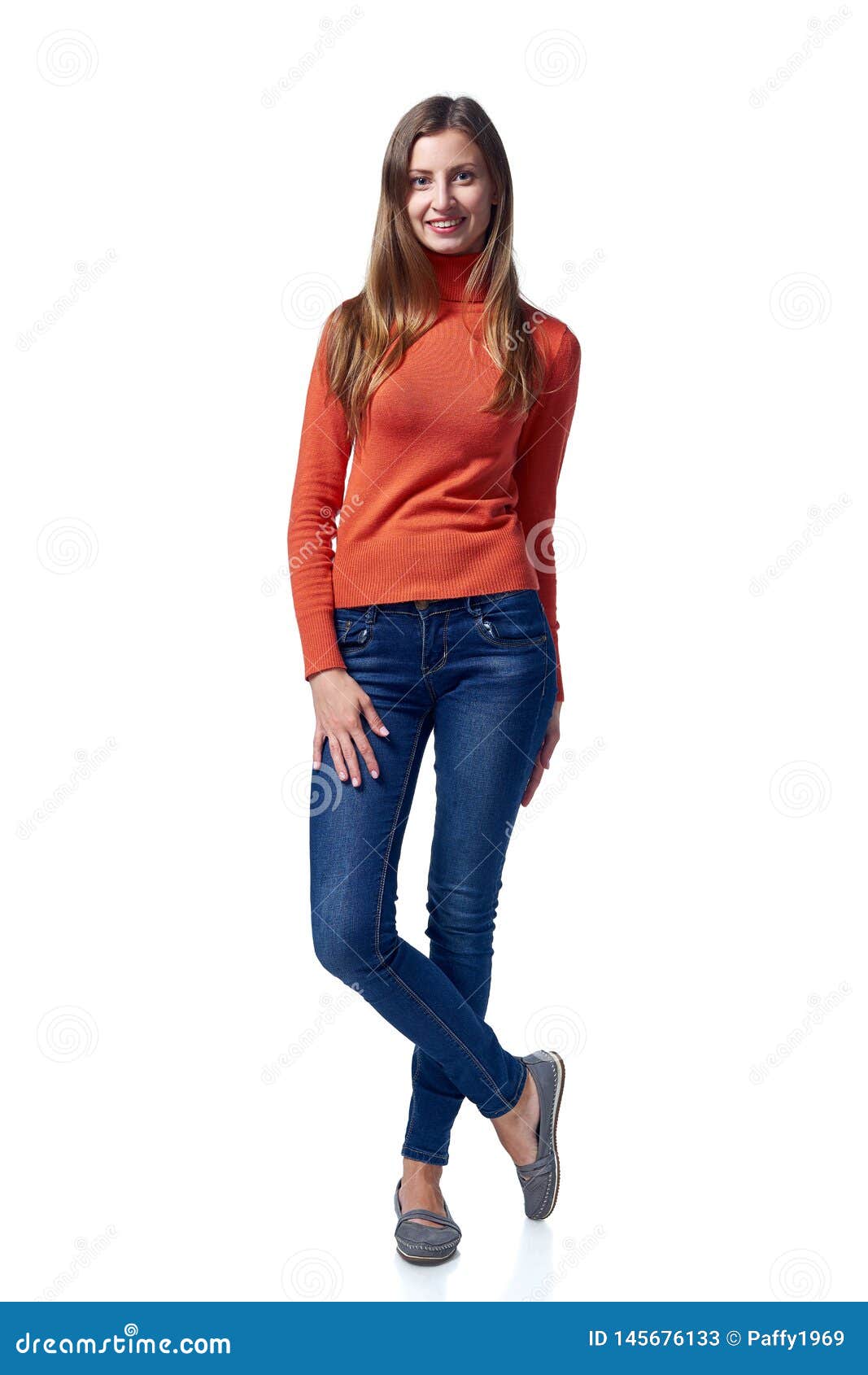 Full Length of Young Woman in Jeans Standing Casually Stock Image ... Full Length of Young Woman in Jeans Standing Casually Stock Image ...
