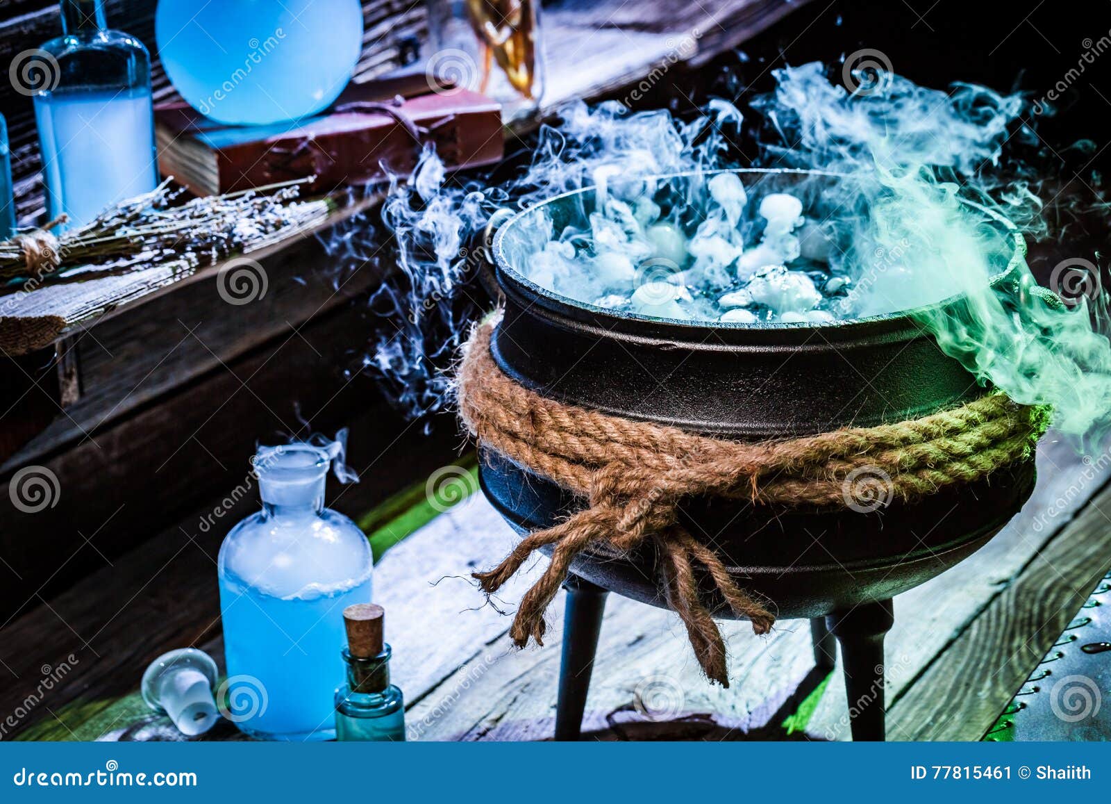 Full of Magic Mixture Witch Pot with Blue Smoke for Halloween Stock ...