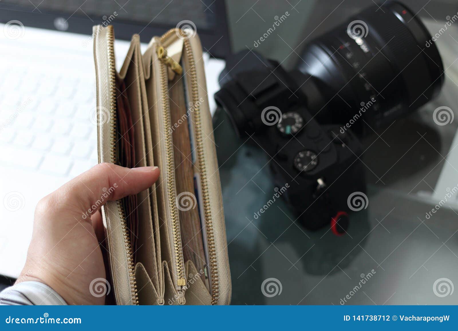 Full of Money Wallet Hand on Blur Camera Background Stock Photo - Image ...
