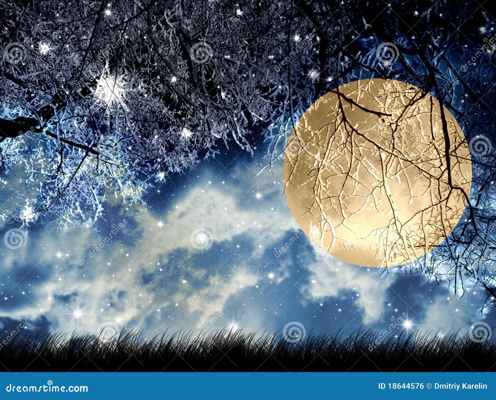 Full Moon And Stars In The Night Sky Vector Illustration In Cartoon ...