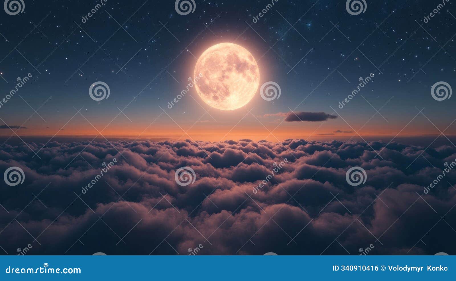 Full Moon Above Clouds with Starry Sky at Dusk, Serene Nightscape ...