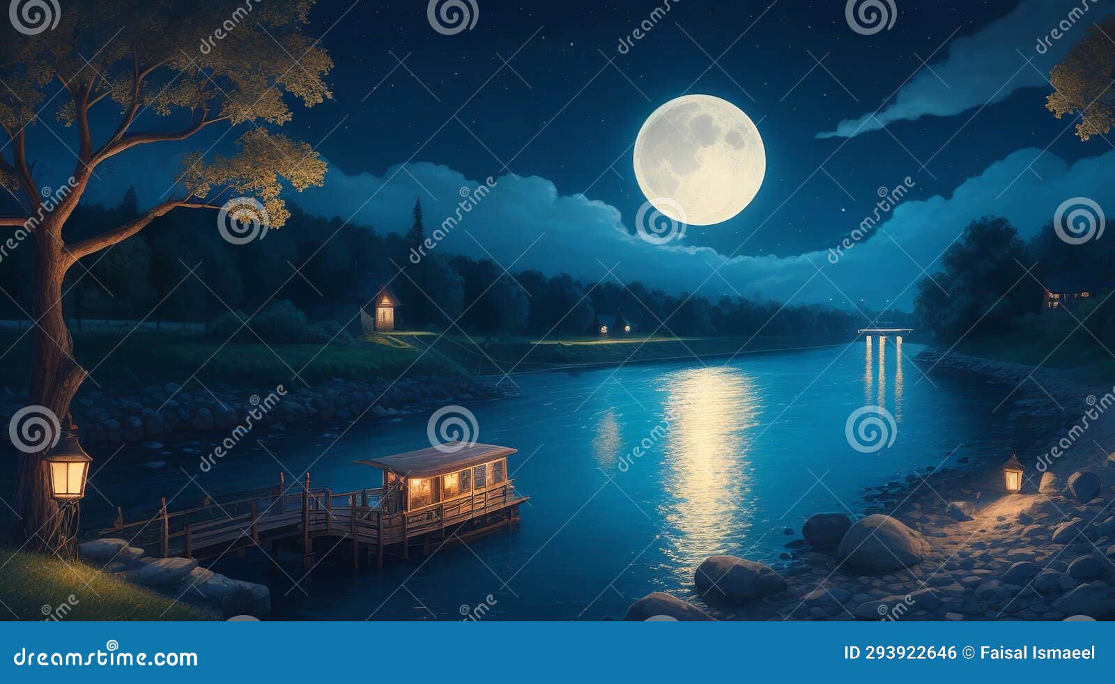 A Full Moon Beautiful Night by the River with Boat Deck Stock ...