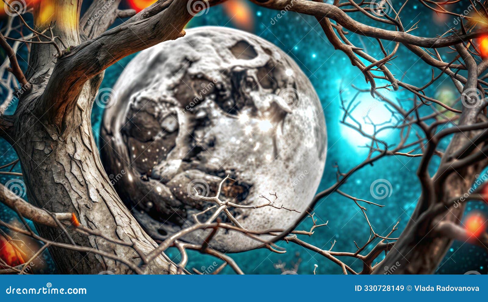 Full Moon Behind Bare Tree Branches in Autumn Stock Illustration ...