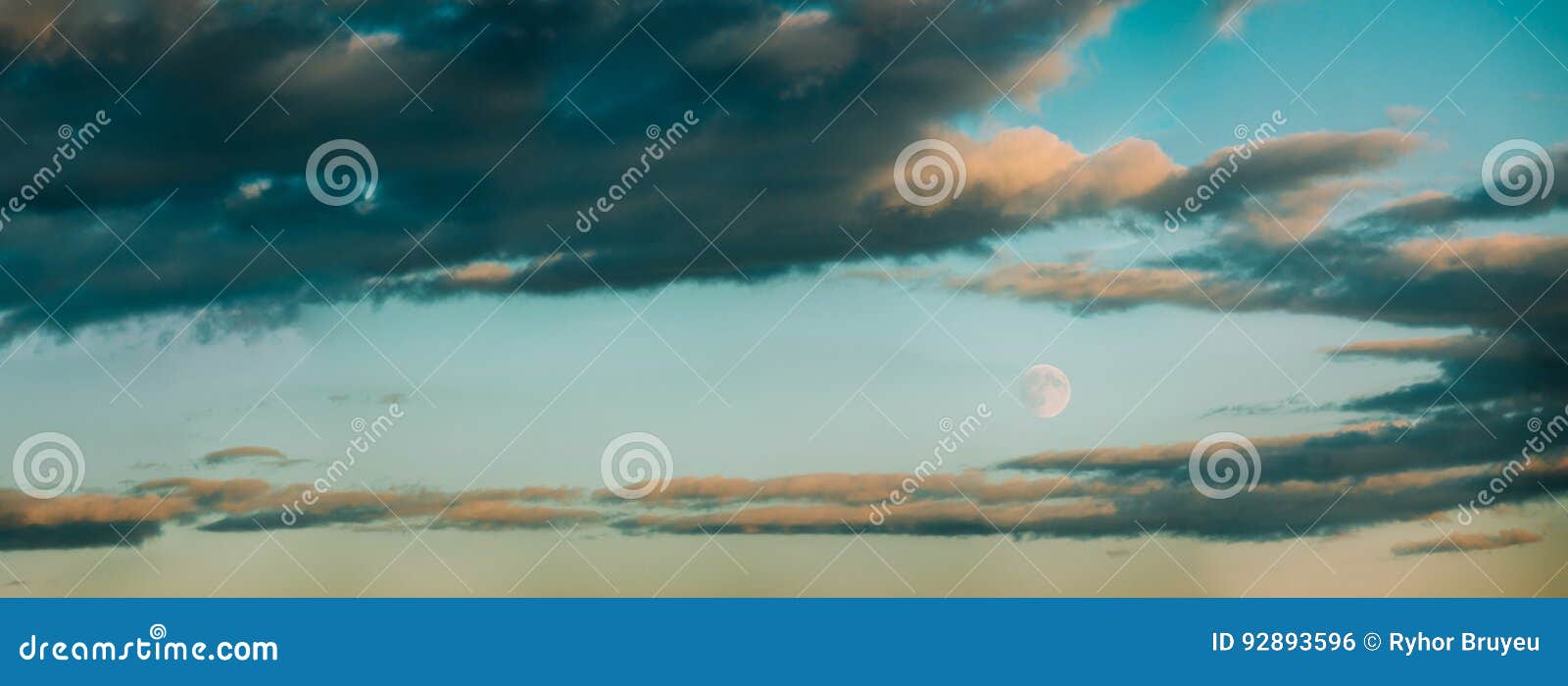 Full Moon at Blue Evening Cloudscape Sky Background Stock Photo - Image ...