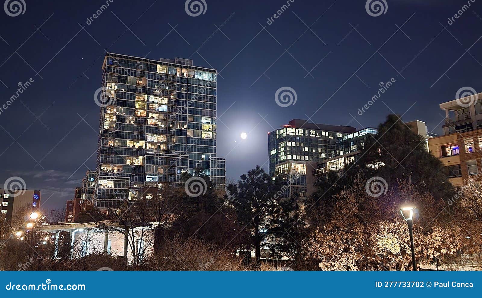 Full Moon between Buildings. Downtown Denver Stock Photo - Image of ...