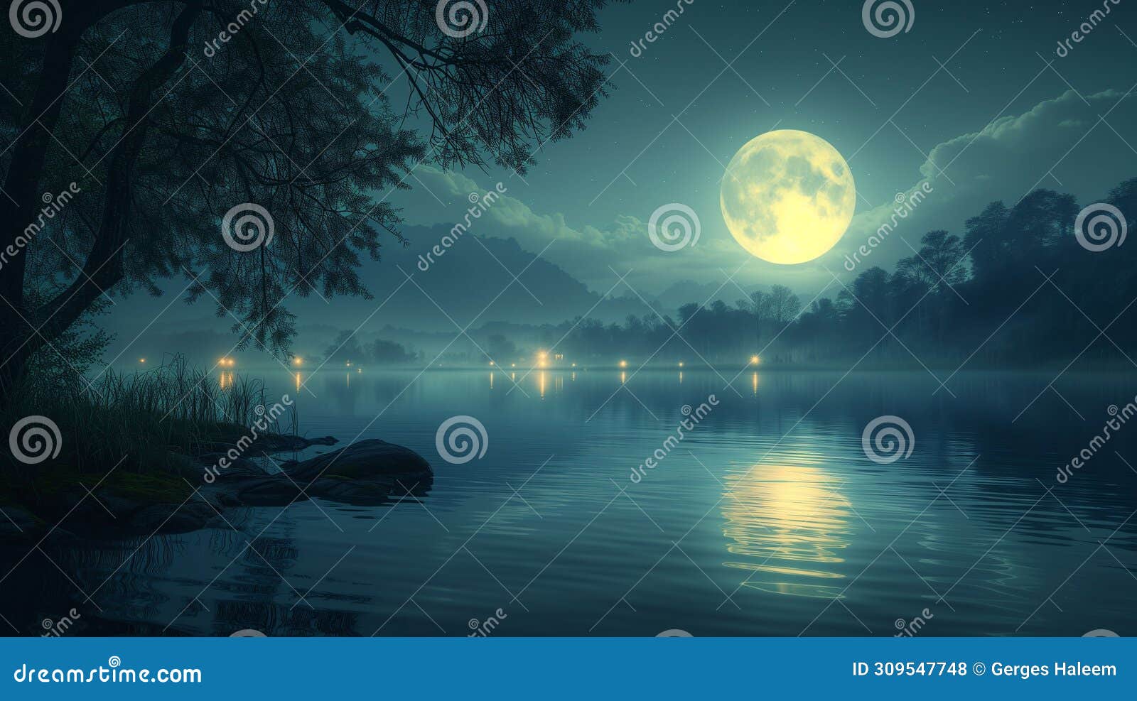 Full Moon Shining Over Lake Stock Illustration - Illustration of beams ...