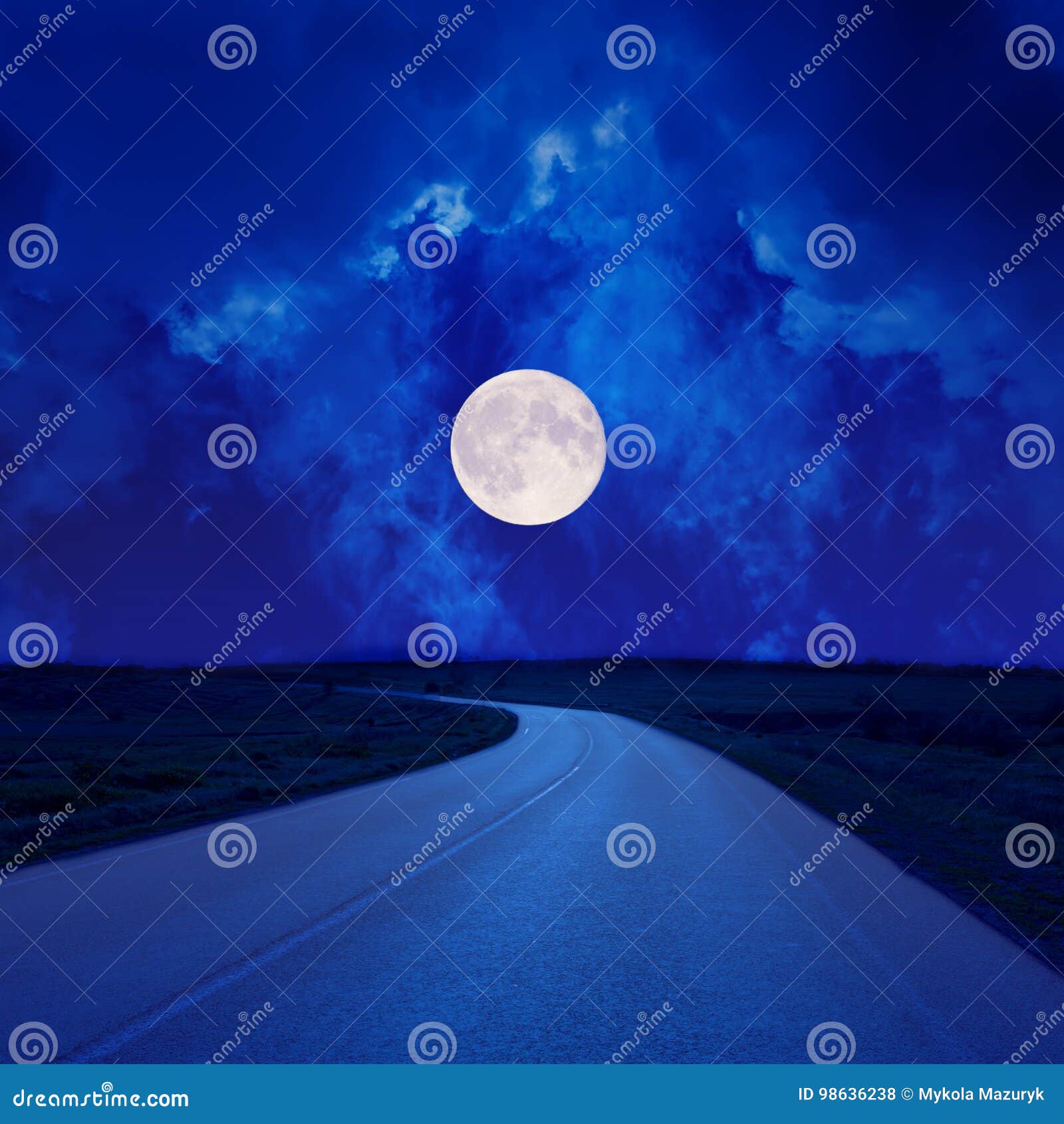 Full Moon in Clouds Over Asphalt Road Stock Photo - Image of outdoor ...