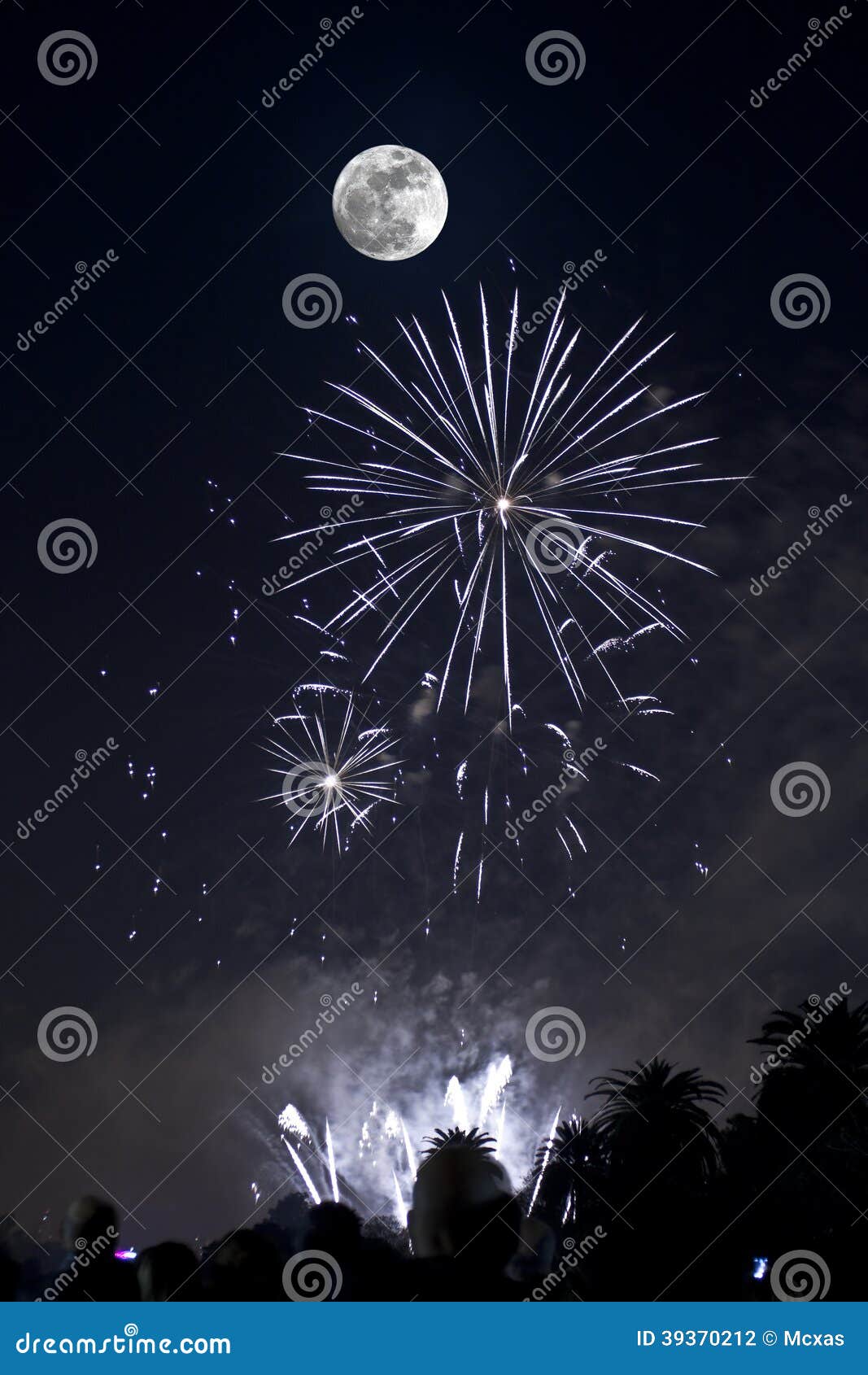 Full moon and Fireworks stock photo. Image of fire, palmtree - 39370212