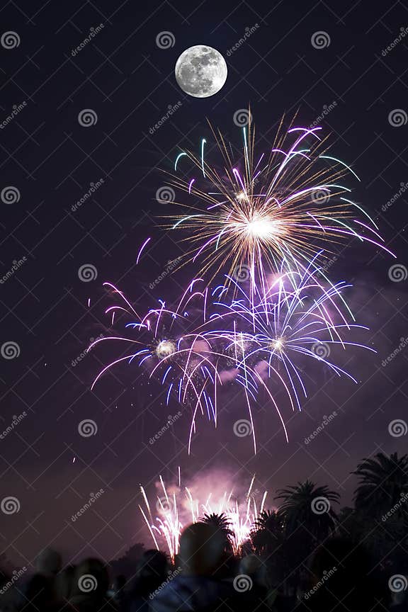 Full moon and Fireworks stock image. Image of celebration - 39370213