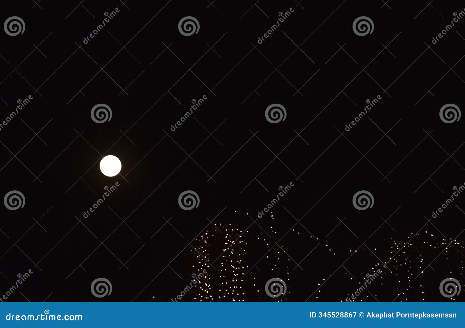 Full Moon Floating on Skyover Light Bulb Decorating on Tree in Night ...