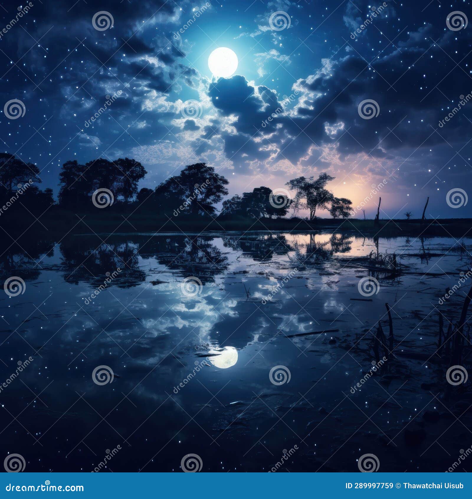The Full Moon Floats Over the River Stock Illustration - Illustration ...