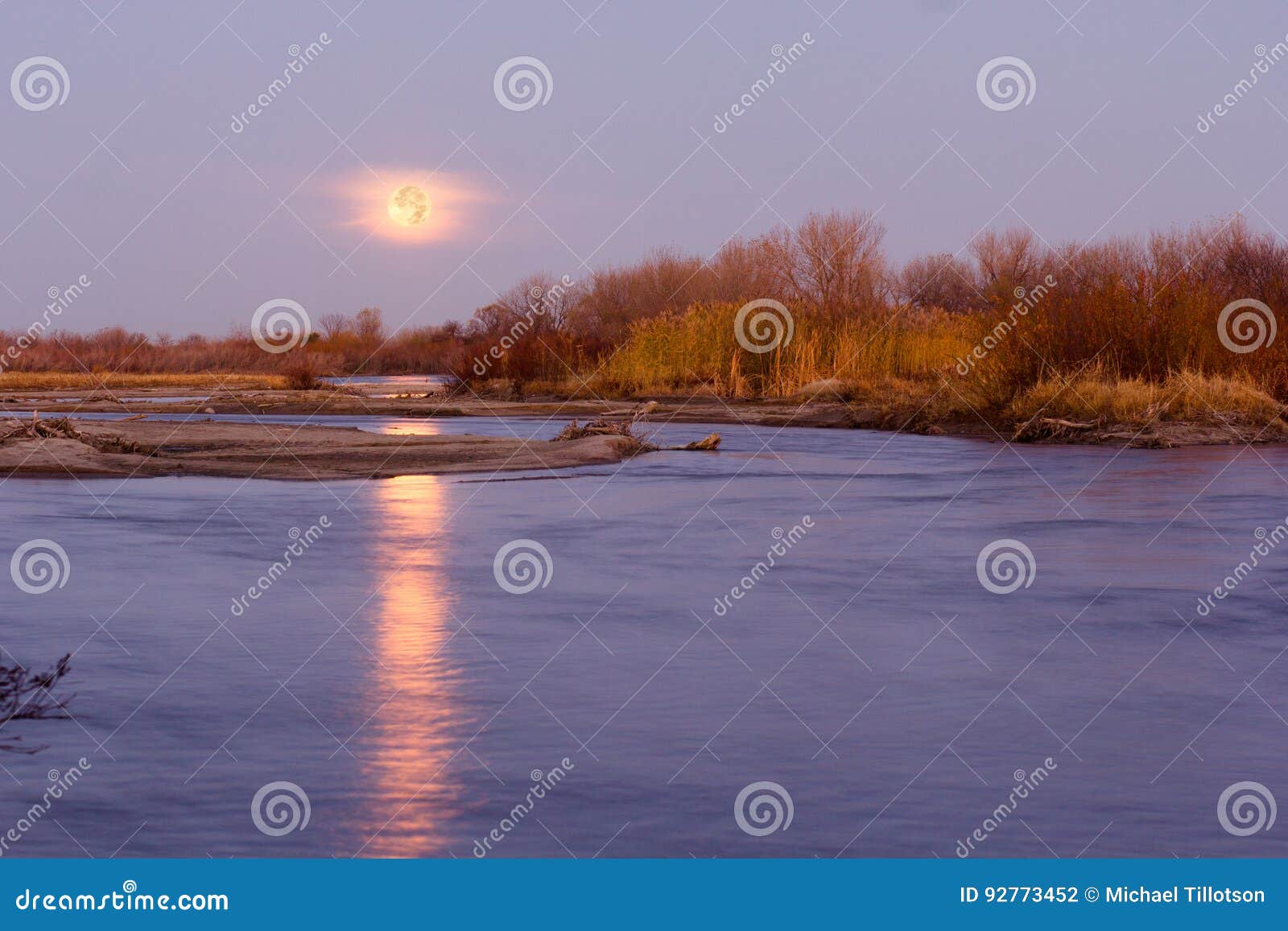Full Moon on the Horizon Reflecting in the Platte River Water Stock ...