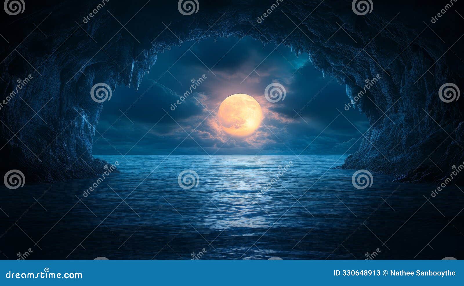 Full Moon Illuminating Ocean Cave Entrance Stock Illustration ...
