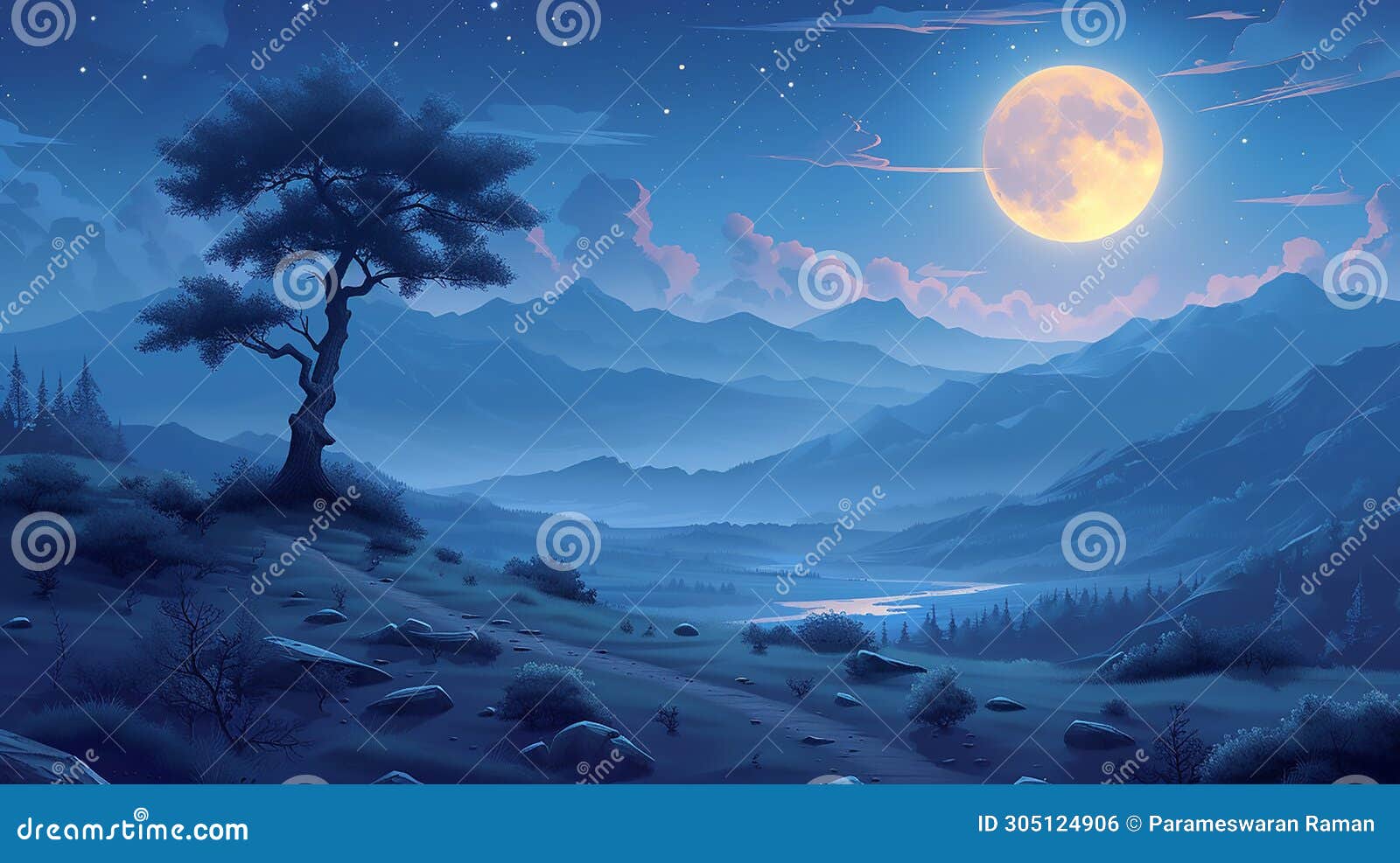 Full moon landscape stock illustration. Illustration of moon - 305124906