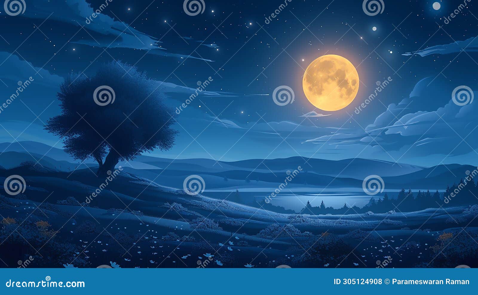 Full moon landscape stock illustration. Illustration of tour - 305124908