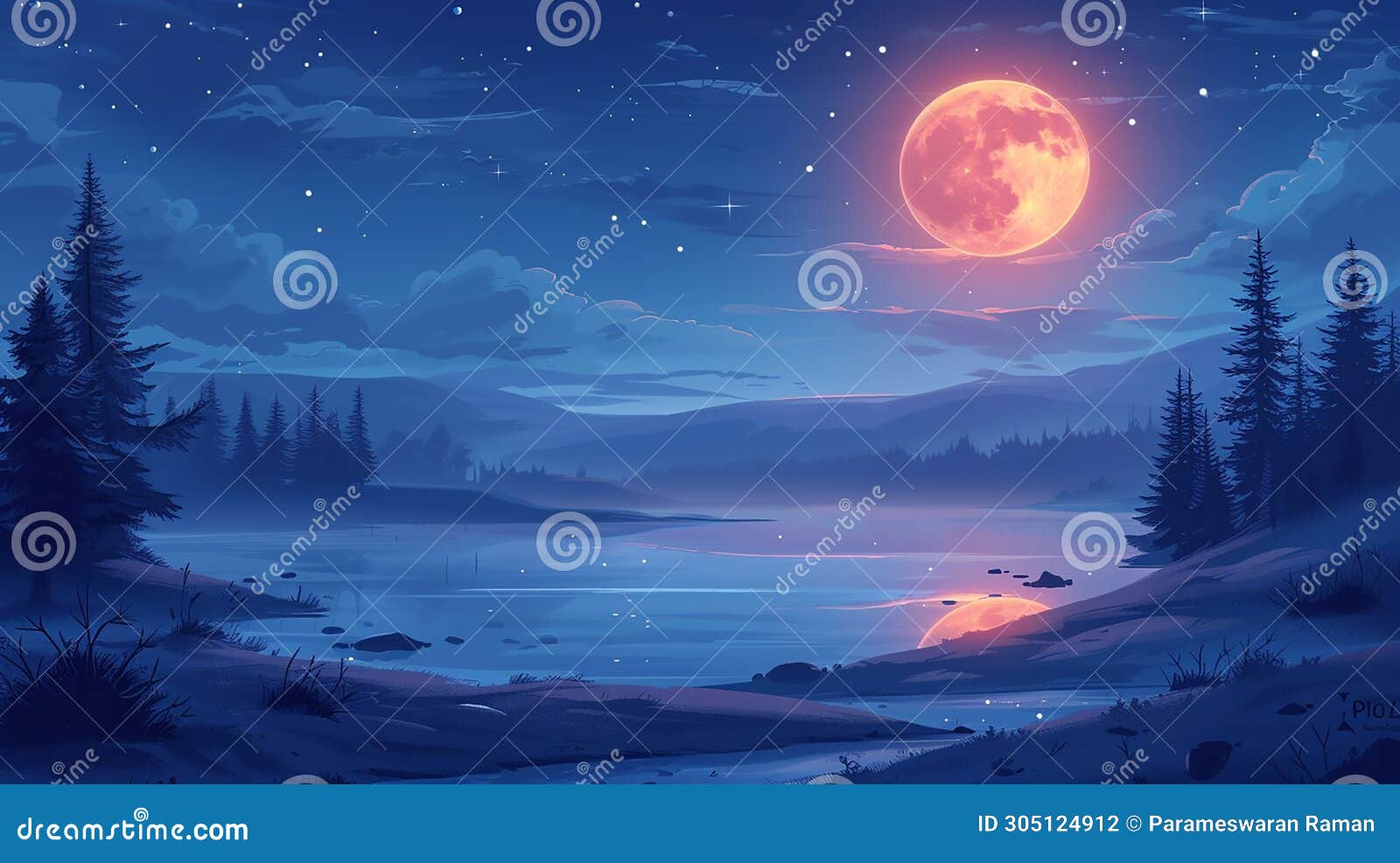 Full moon landscape stock illustration. Illustration of greeting ...