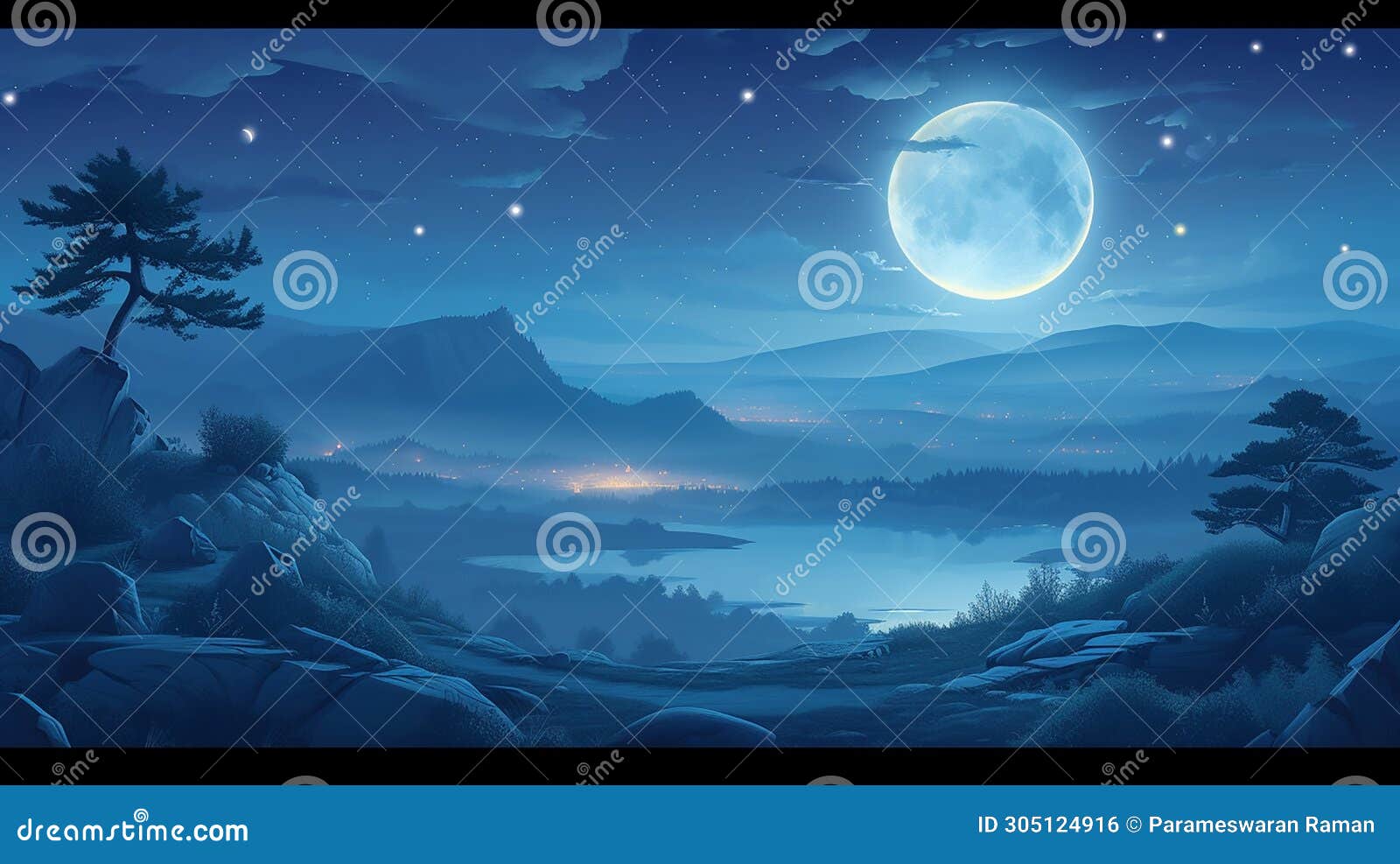 Full moon landscape stock illustration. Illustration of east - 305124916