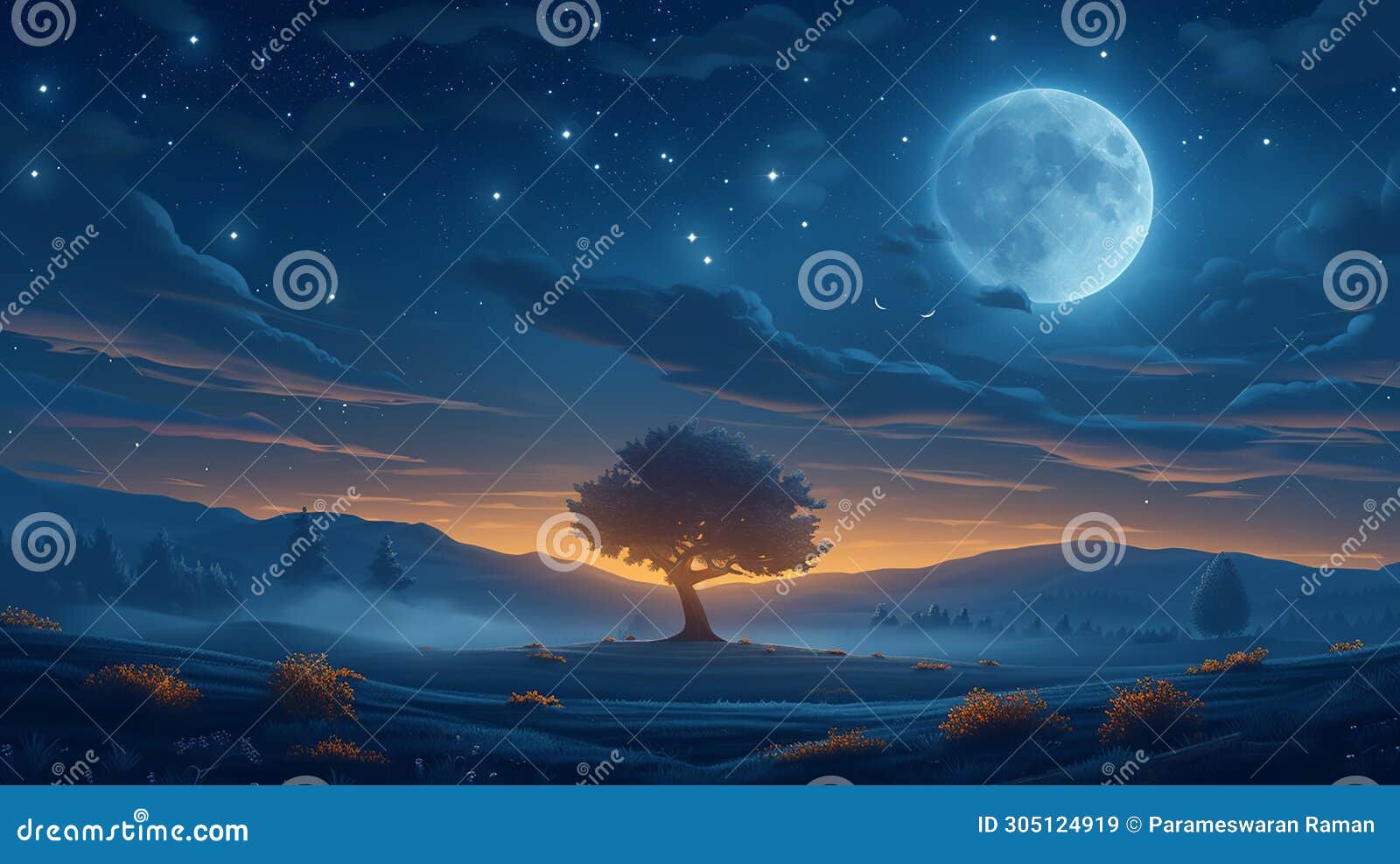 Full moon landscape stock illustration. Illustration of sand - 305124919