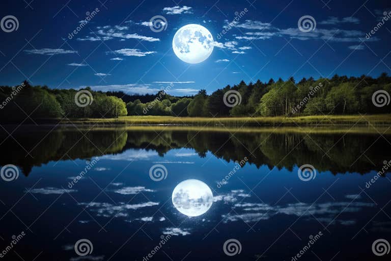 Full Moon Mirrored on a Tranquil Lake Surface Stock Image - Image of ...