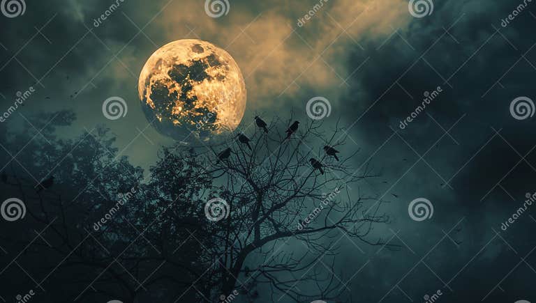 Full Moon Night with Crows Perched on a Bare Tree Stock Photo - Image ...